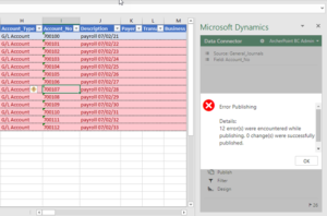 Editing journal entries in Excel publishing to Dynamics Business Central