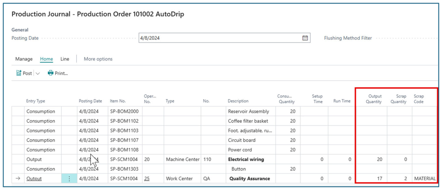 Handling Scrap in Production Orders in Microsoft Business Central